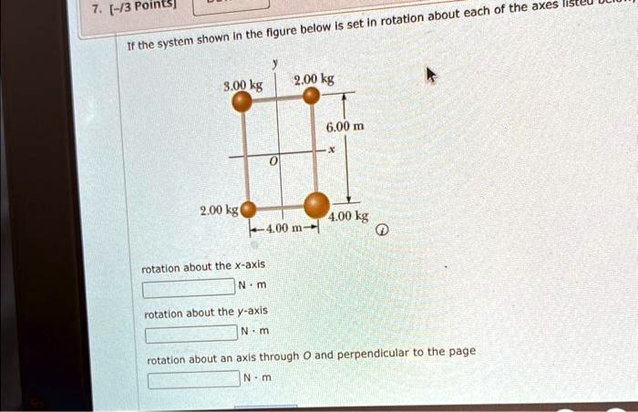 7. [-/3 Points] If the system shown in the figure below is set in rotation about each of the ...