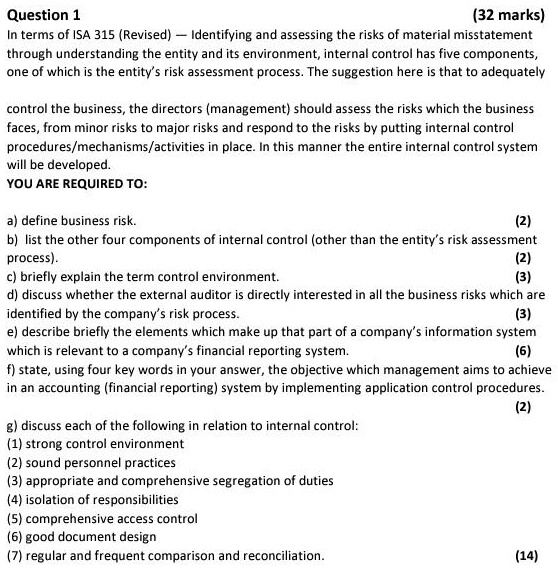 Question 1 (32 marks) In terms of ISA 315 (Revised) – Identifying and assessing the risks of ...