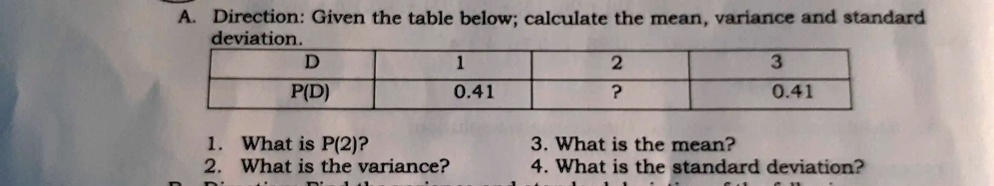 SOLVED: Direction: Given the table below; calculate the mean, variance and standard deviation P ...