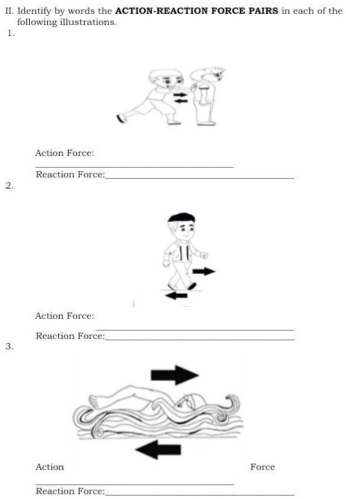 SOLVED: Help me guys,,,,,,,,, II. Identify by words the ACTION-REACTION FORCE PAIRS each of the ...