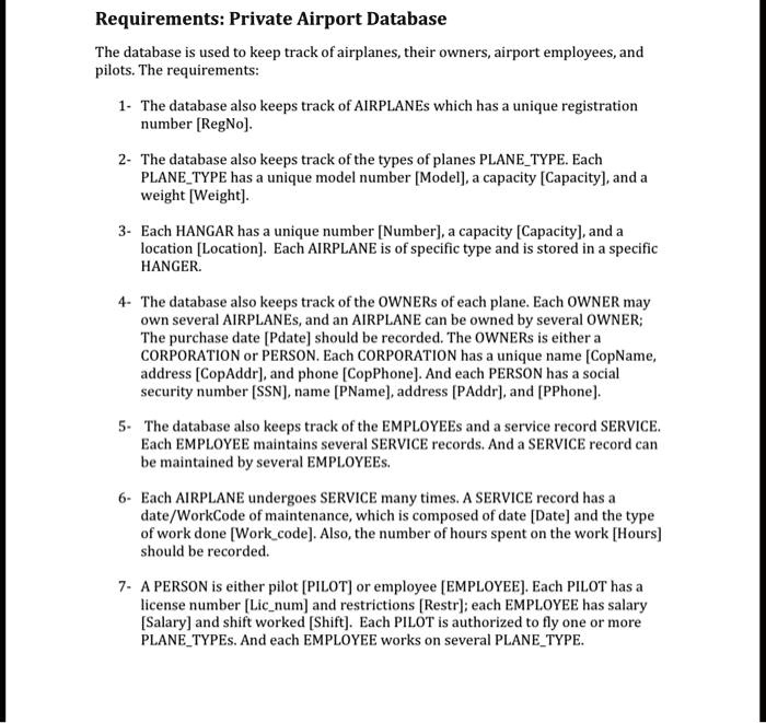 ER diagram for Requirements: Private Airport Database The database is ...