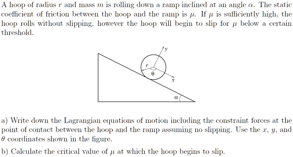 SOLVED: A hoop of radius r and mass m is rolling down a ramp inclined ...