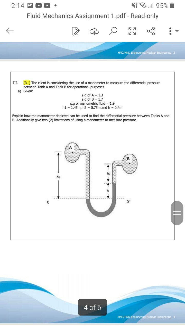 Fluid Mechanics Assignment 1.pdf - Read-only ∞0^0 HNC/HND Engineering/Nuclear Engineering 3 III ...