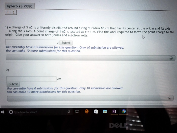 SOLVED: Charge of 5 nC is uniformly distributed around a ring of radius 10 cm that has its ...