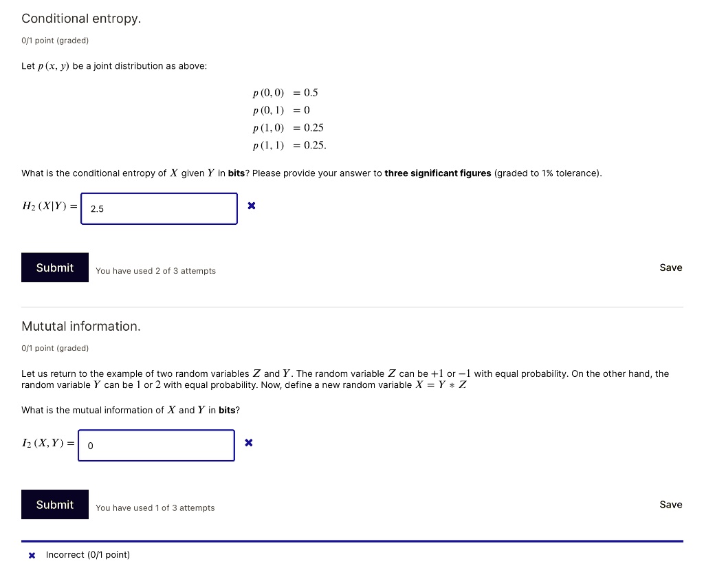 SOLVED: Conditional entropy: 0.1 point (graded) Let p(x, Y) be the ...