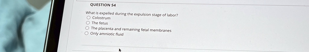 QUESTION 54 What is expelled during the expulsion stage of labor? O ...
