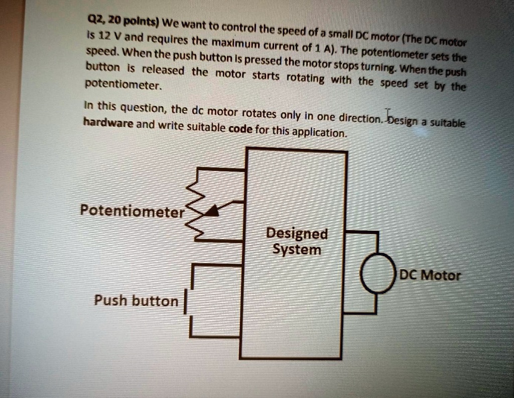 SOLVED: Q2, 20 points) We want to control the speed of a small DC motor. (The DC motor is 12V ...