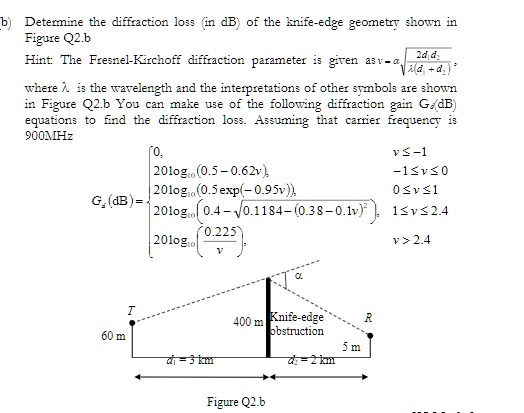 b) Determine the diffraction loss (in dB) of the knife-edge geometry shown in Figure Q2.b Hint ...