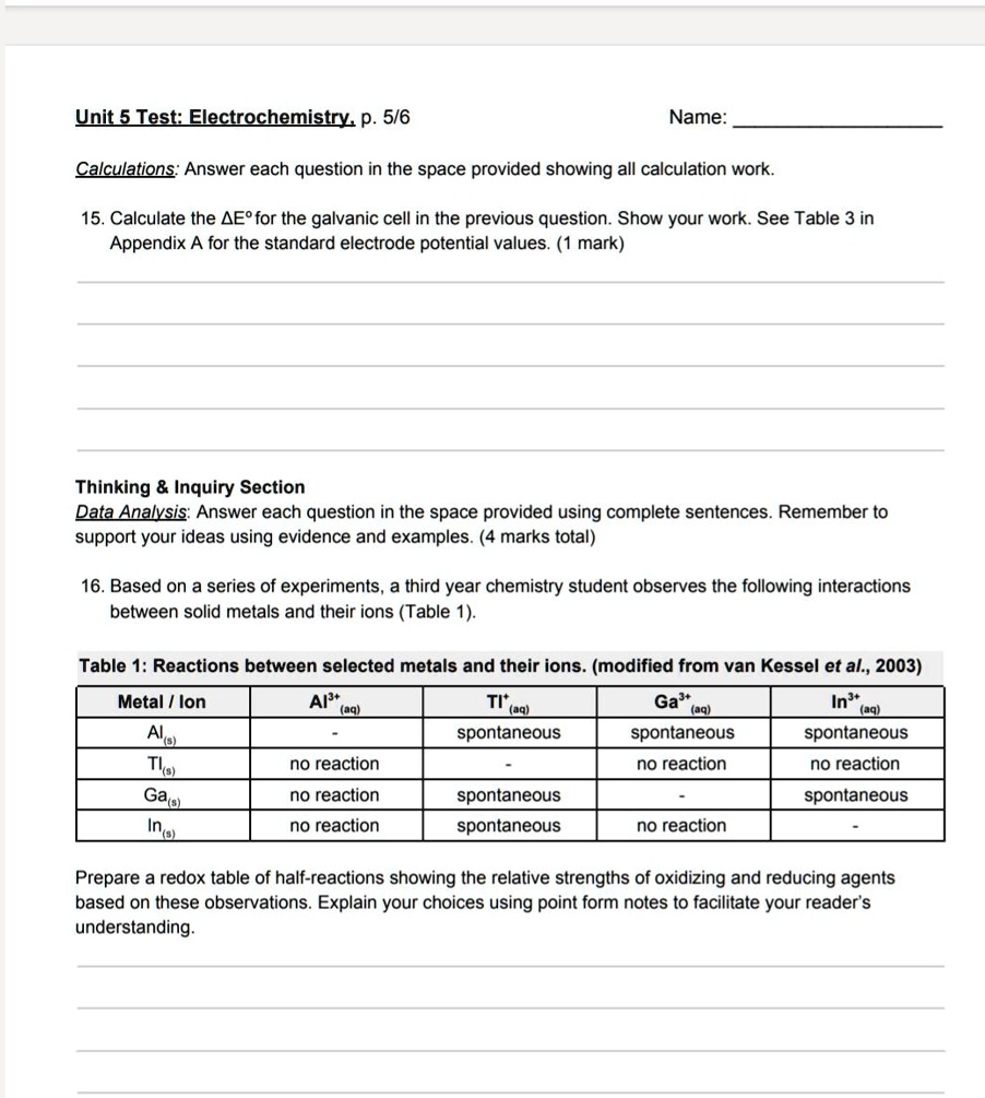 SOLVED: Unit 5 Test: Electrochemistry p. 5/6 Name: Calculations: Answer ...
