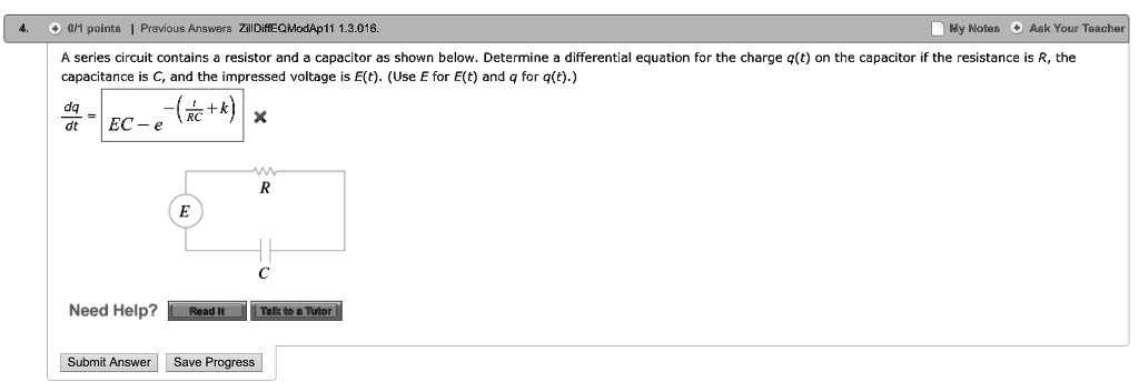 SOLVED: A series circuit contains a resistor and capacitor as shown below. Determine the ...