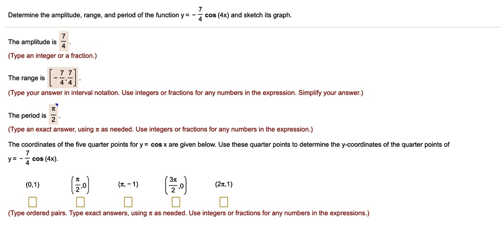 determine the amplitude range and period of the function y cos 4x and sketch its graph the ...