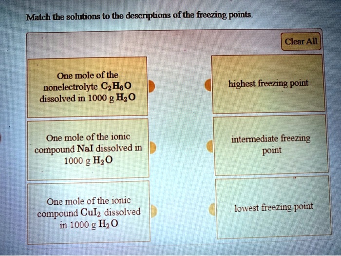 SOLVED: Match the solutions t0 the descriptions of the freezing points Clear All One mole of the ...