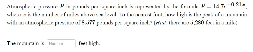 Atmospheric pressure P in pounds per square inch is represented by the ...