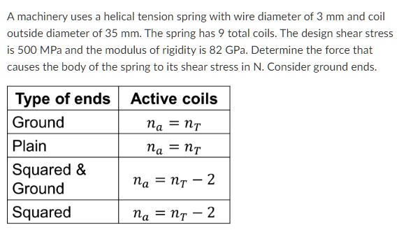 SOLVED: A machinery uses a helical tension spring with a wire diameter ...