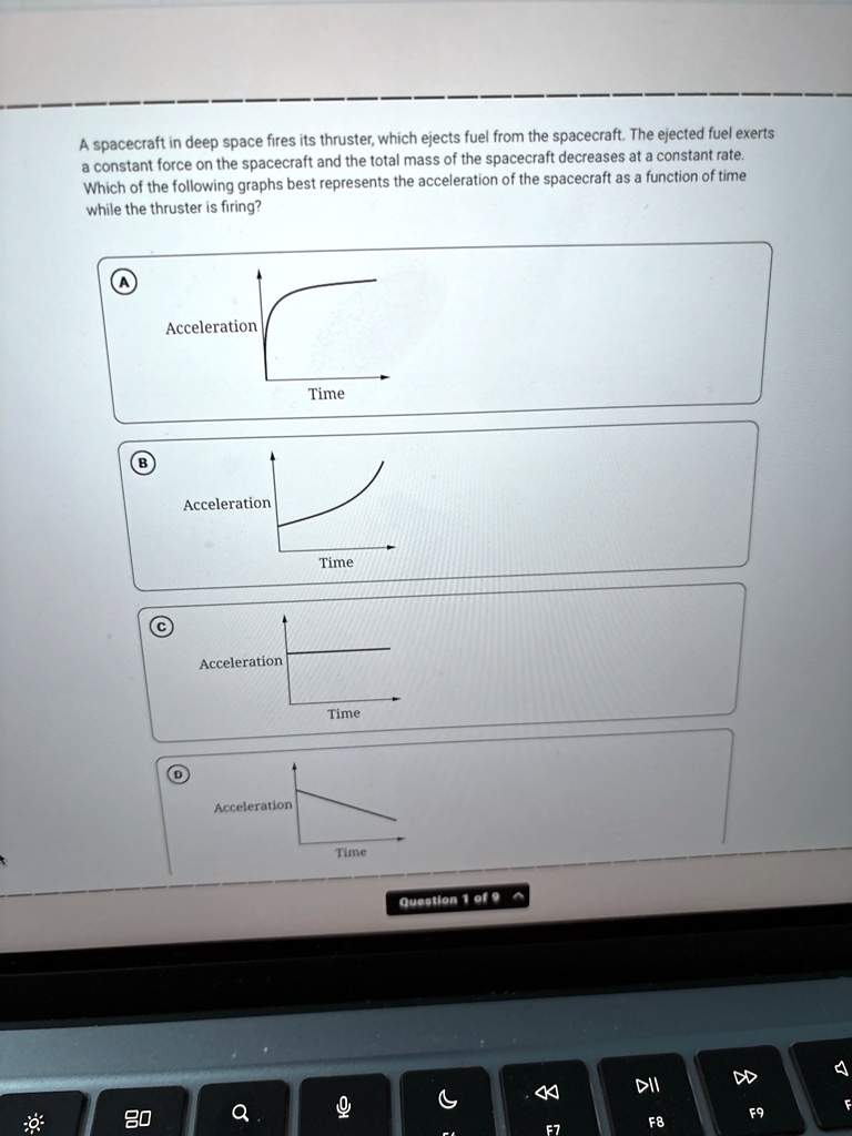 A spacecraft in deep space fires its thruster which ejects...