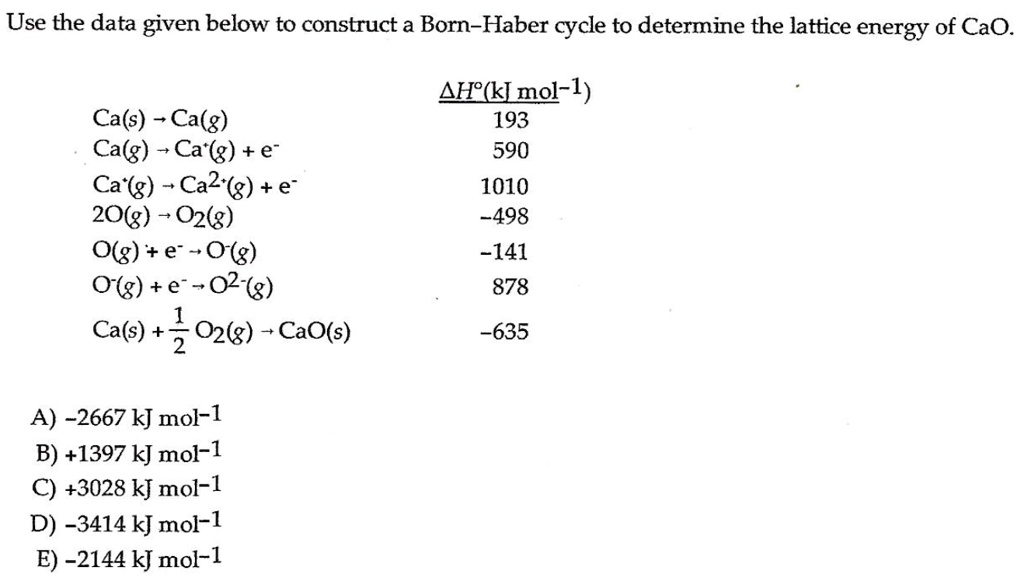 SOLVED: Use the data given below to construct a Born-Haber cycle to determine the lattice energy ...