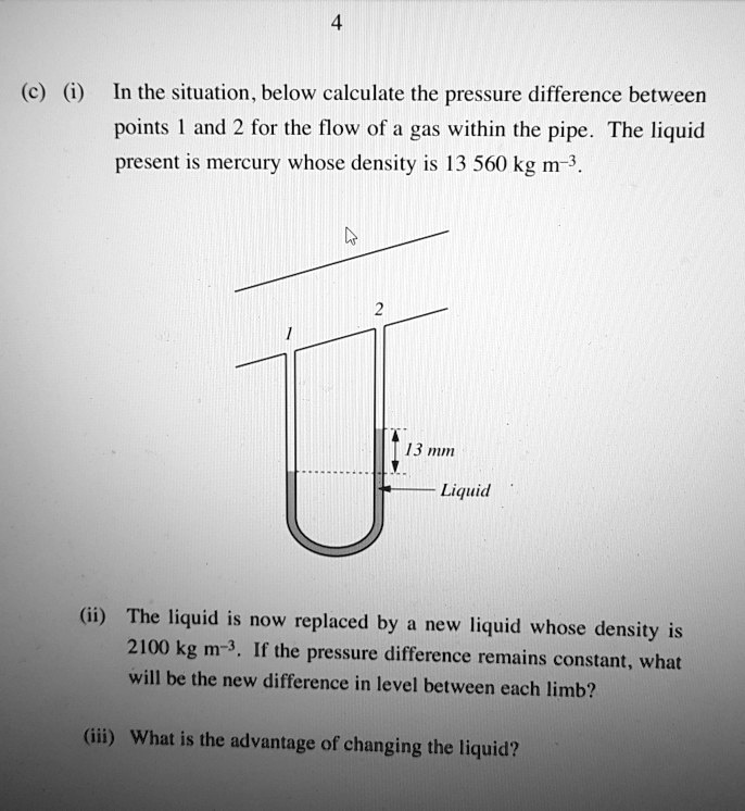 SOLVED: ci In the situation,below calculate the pressure difference between points 1 and 2 for ...