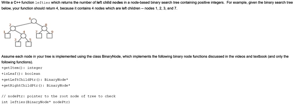 write a c function lefties which returns the number of left child nodes in a node based binary ...