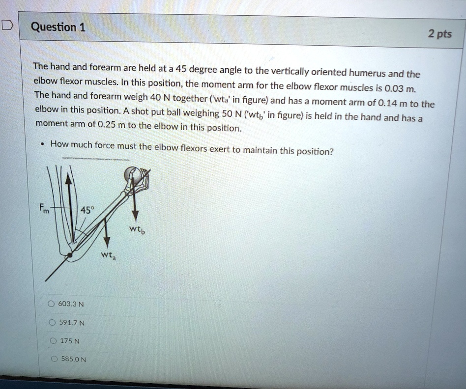 [GET ANSWER] question 1 2 pts the hand and forearm are held at a 45 ...