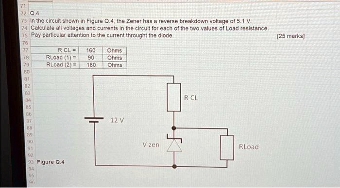 SOLVED: 71 72 Q.4 73 In the circuit shown in Figure Q.4, the Zener has a reverse breakdown ...