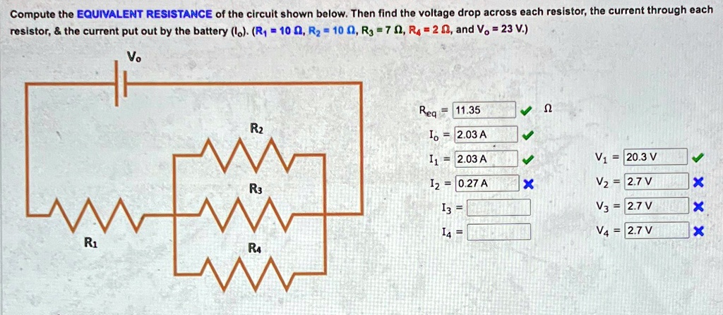 Compute the EQUIVALENT RESISTANCE of the circuit shown below. Then find the voltage drop across ...