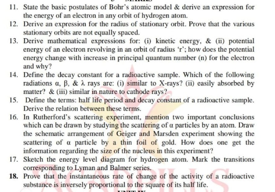 Solved 11 State The Basic Postulates Of Bohrs Atomic Model And Derive
