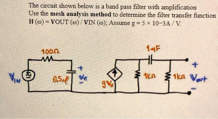 SOLVED: The circuit shown below is a bandpass filter with amplification. Use the mesh analysis ...