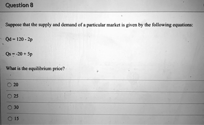 Suppose that the supply and demand of a particular market is given by the following equations ...