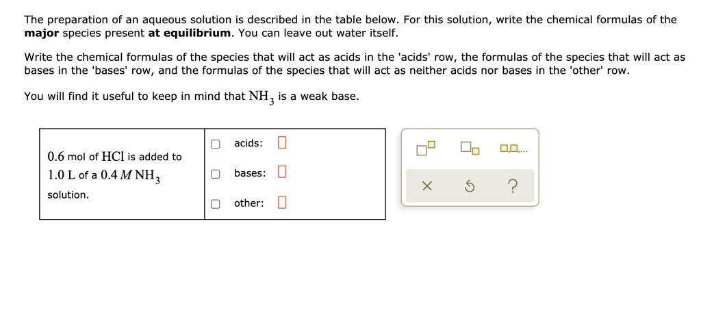 the preparation of an aqueous solution is described in the table below ...