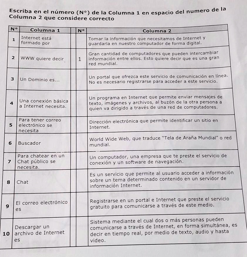 SOLVED: escribe el número de la columna 1 en el espacio del número de ...