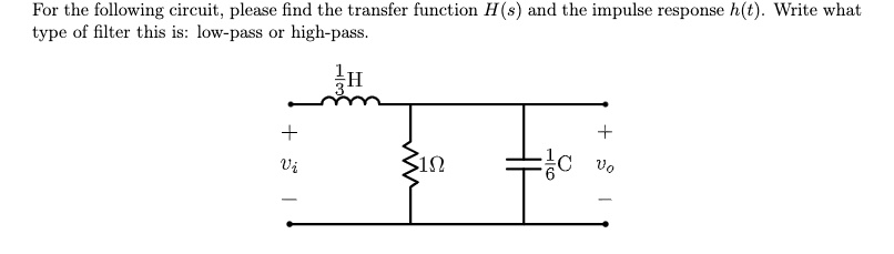 SOLVED: For the following circuit, please find the transfer function H(s) and the impulse ...