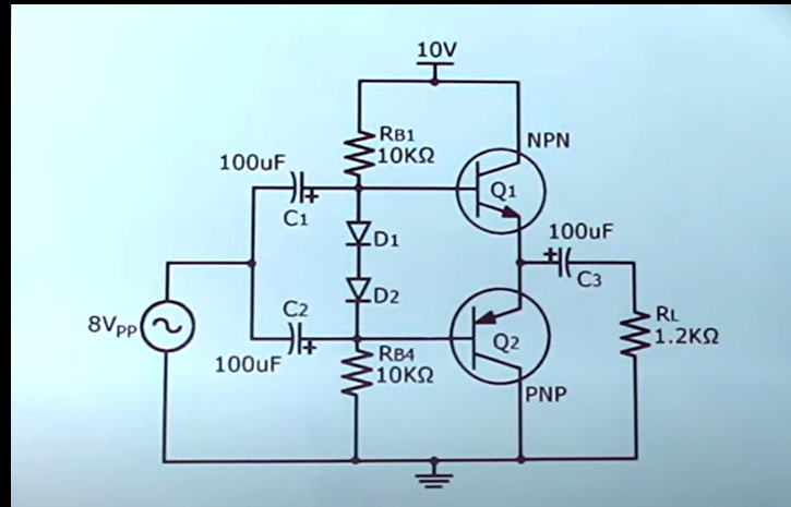 10V 100uF RB1 10?? NPN Q1 C1 D1 100uF C3 D2 C2 8Vpp 100uF Q2 RL 1.2 ...