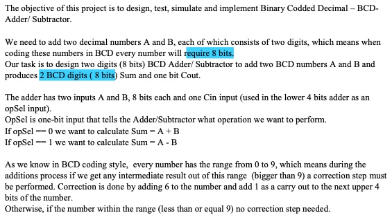 Solved Design Test Simulate And Implement Binary Coded Decimal Bcd Addersubtractor