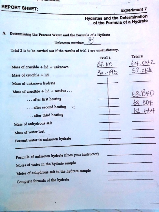 report sheet experlment 7 hydrates and the determinatlon of the formula ...