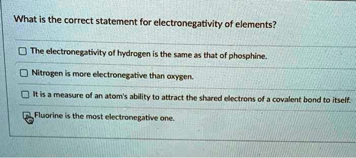 SOLVED: What is the correct statement for electronegativity of elements ...