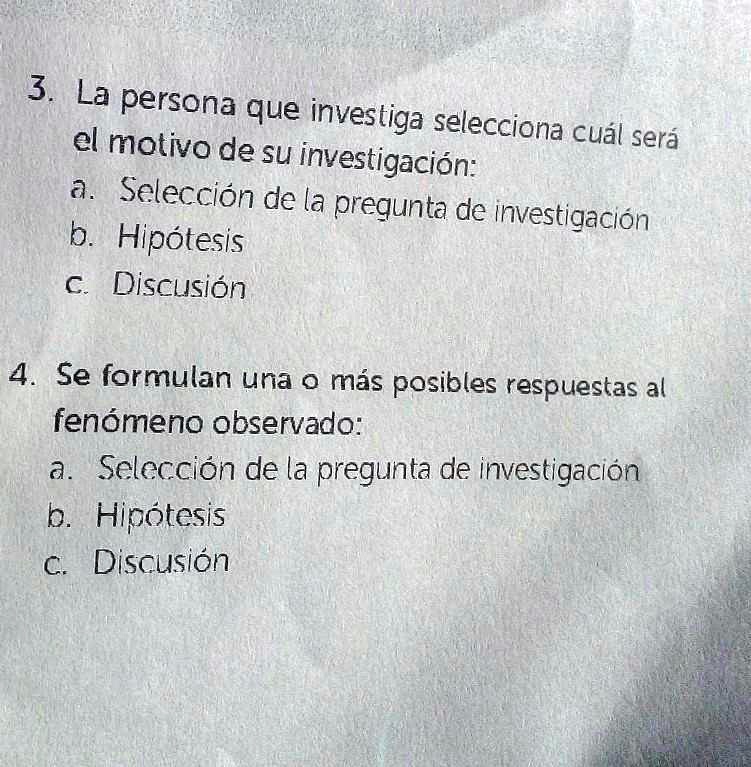 SOLVED: ayudaaaa las respuestas 3 La persona que investiga selecciona ... SOLVED: ayudaaaa las respuestas 3 La persona que investiga selecciona ...