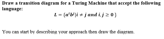 Draw a transition diagram for a Turing Machine that accept the following language: L = {a^ib^j ...