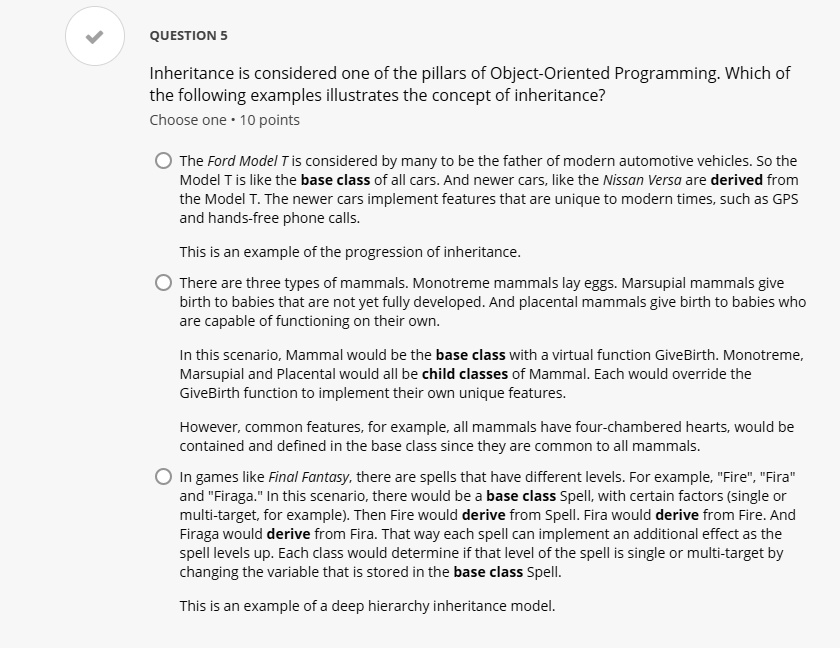 Solved Question 5 Inheritance Is Considered One Of The Pillars Of Object Oriented Programming 1139