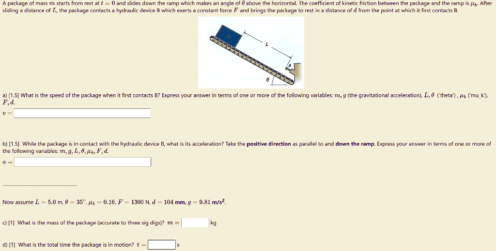 SOLVED: A package of mass m starts from rest at t = 0 and slides down ...