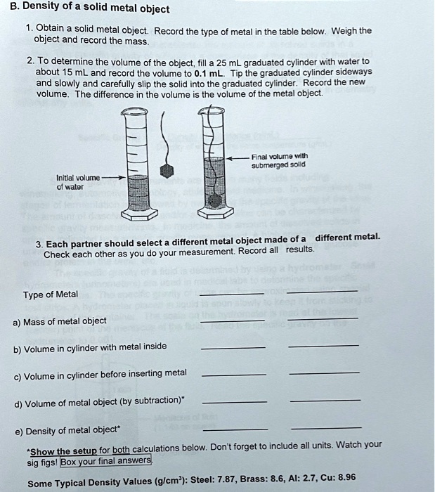 SOLVED: B. Density of a solid metal object Obtain solid metal object. Record the type of metal ...