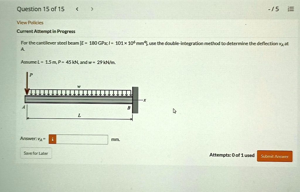 Question 15 of 15 View Policies Current Attempt in Progress For the cantilever steel beam [E ...