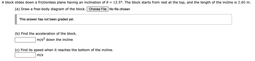 SOLVED: block slides down frictionless plane having an inclination of 0 = 12.50 The block starts ...