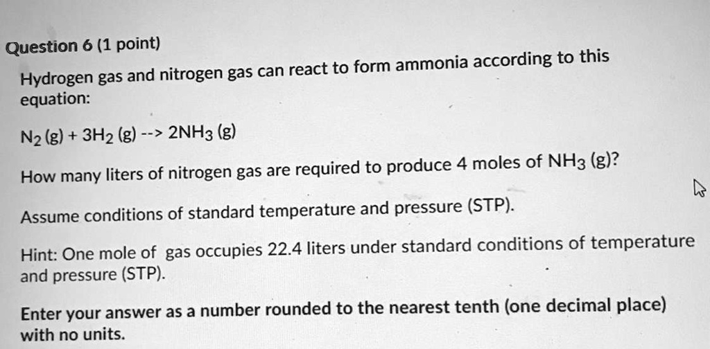 SOLVED: 'Question 6 (1 point) Hydrogen gas and nitrogen gas can react to form ammonia according ...