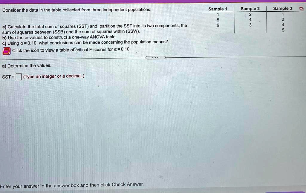 SOLVED: A) Determine the values: SST = SSB = SSW = B) Complete a one-way ANOVA table. C) What is ...