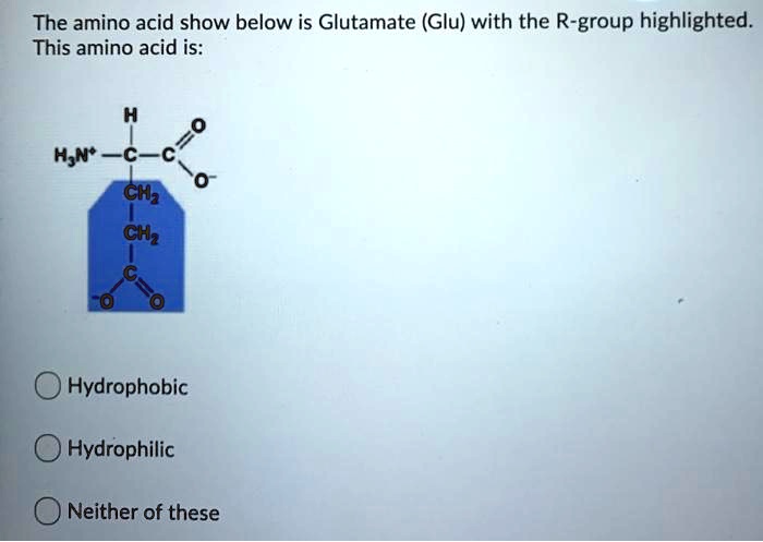 The amino acid show below is Glutamate (Glu) with the...