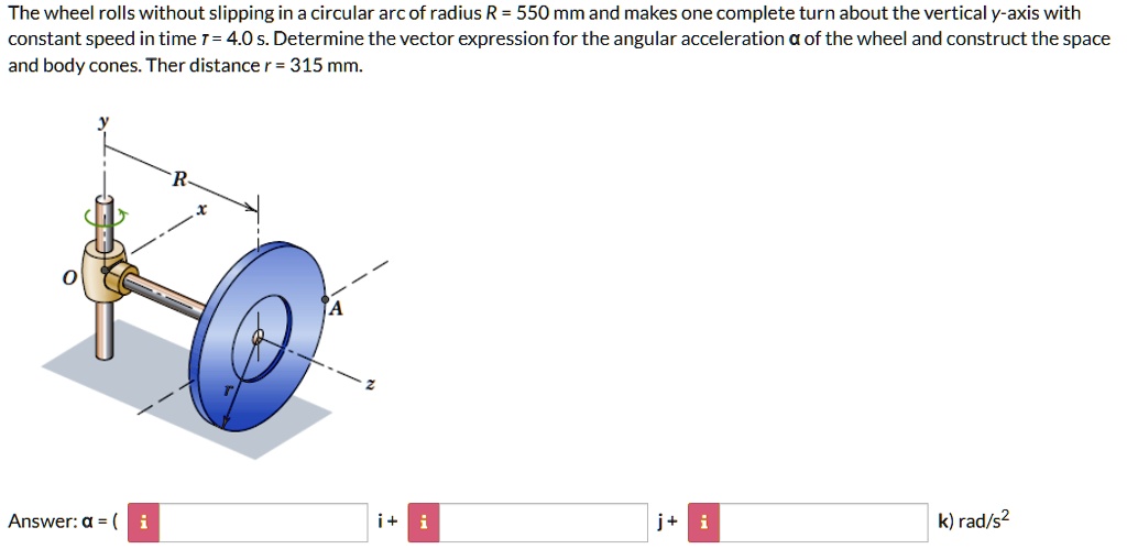 The wheel rolls without slipping in a circular arc of radius R = 550 mm ...