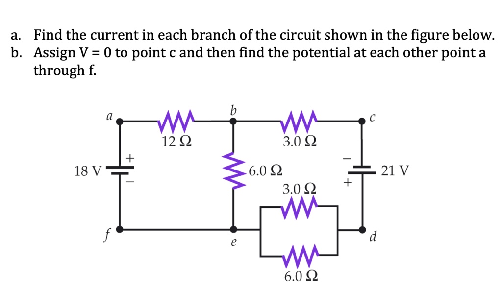 a. Find the current in each branch of the circuit shown in the figure below. b. Assign V = 0 to ...