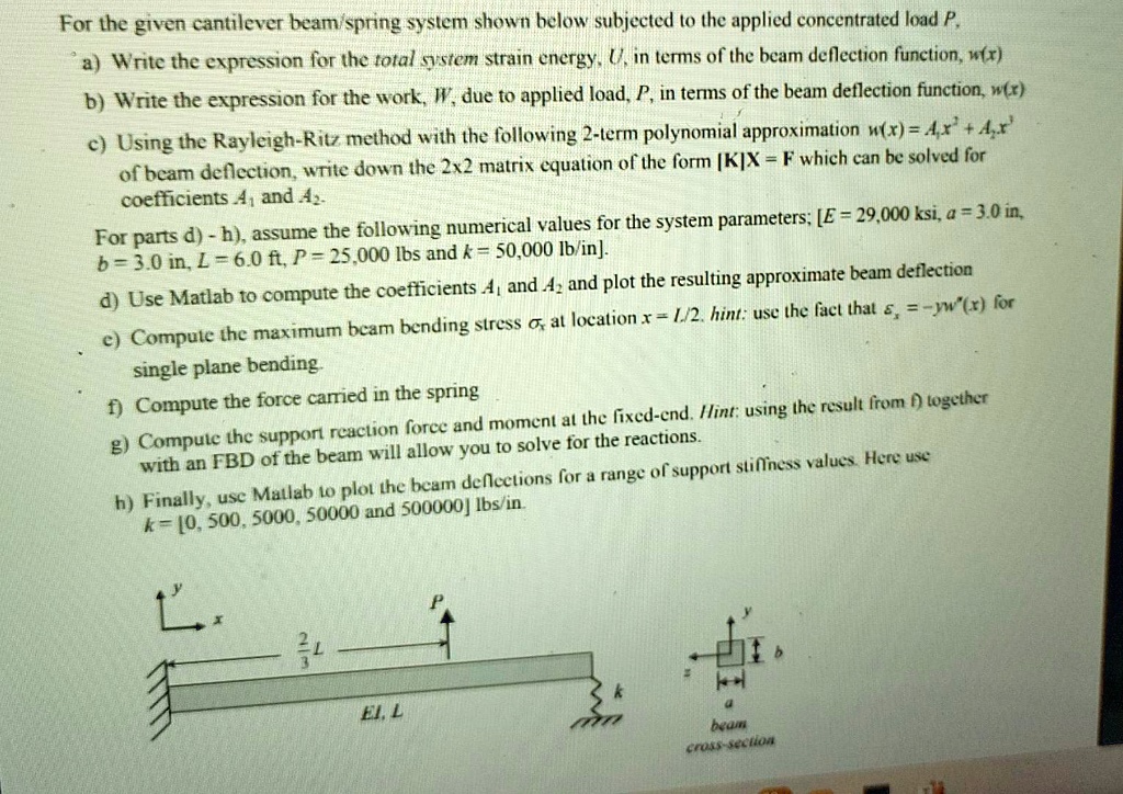 SOLVED: For the given cantilever beam/spring system shown below, subjected to the applied ...