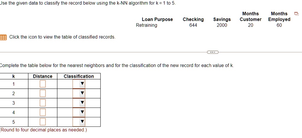 Use the given data to classify the record below using the k-NN algorithm for kequals1 to 5.Jse ...