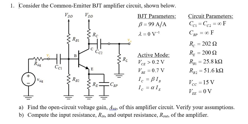 SOLVED: Consider the Common-Emitter BJT amplifier circuit, shown below: VDD VDD BJT Parameters ...